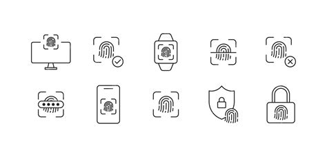 스캔 아이콘 세트 지문 인식 가는 선 아이콘 터치 Id 보안 암호 기호 문서 식별 벡터 Eps 10 프리미엄 벡터