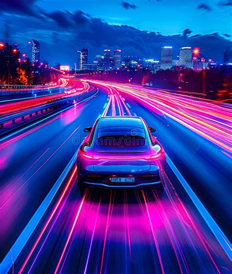 high speed autonomous vehicle with dynamic light trails on a highway