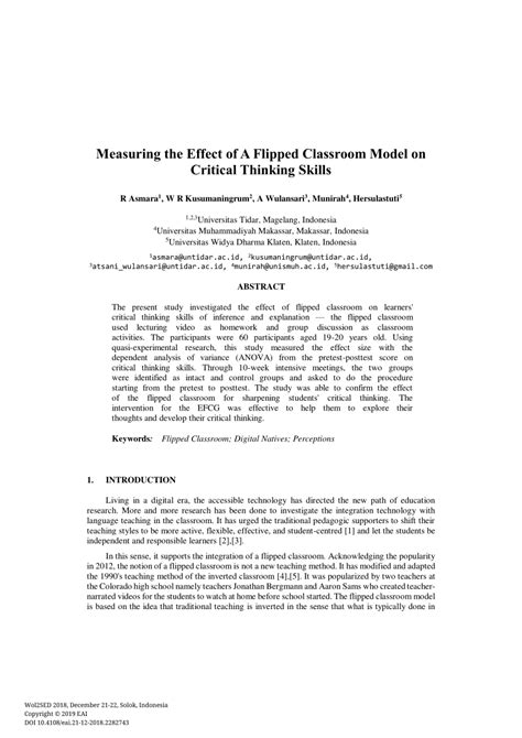 pdf measuring the effect of a flipped classroom model on critical thinking skills