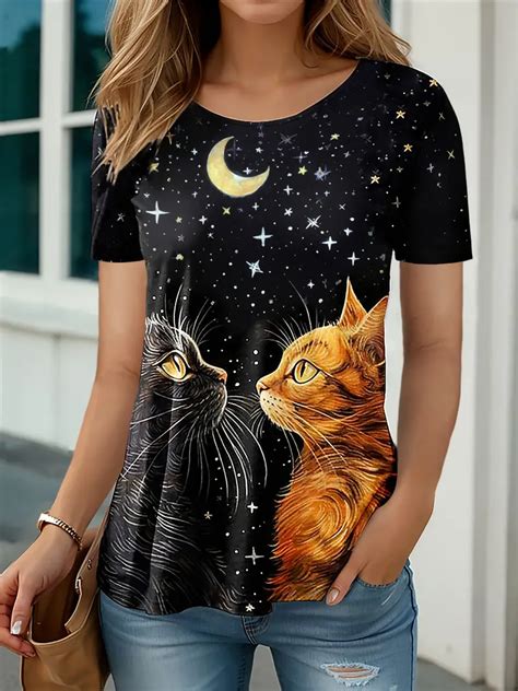 Plus Size Cat Print T Shirt Casual Crew Neck Short Sleeve Temu New