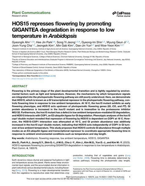Pdf Hos15 Represses Flowering By Promoting Gigantea Degradation In