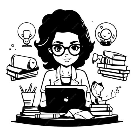Девушка в очках с ноутбуком и книгами Векторная иллюстрация в стиле