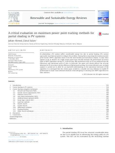 Pdf A Critical Evaluation On Maximum Power Point Tracking Methods For Partial Shading In Pv
