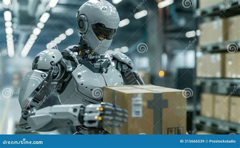 Futuristic Robot Handling Package In A Warehouse Stock Image Image Of