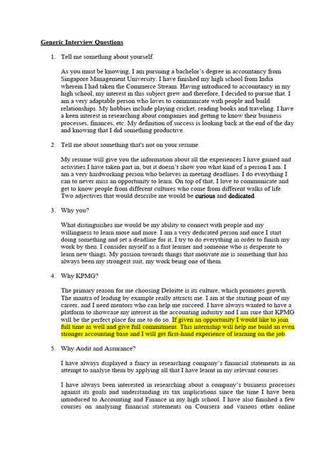 Generic Interview Questions Pdf Accounting Internship