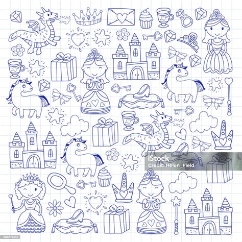 一套塗鴉公主和幻想圖示和設計項目的邀請和賀卡孩子們畫畫幼稚園學前教育學校模式向量圖形及更多女嬰圖片 女嬰 女孩 少女 Istock