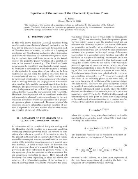 Pdf Equations Of The Motion Of The Geometric Quantum Phase