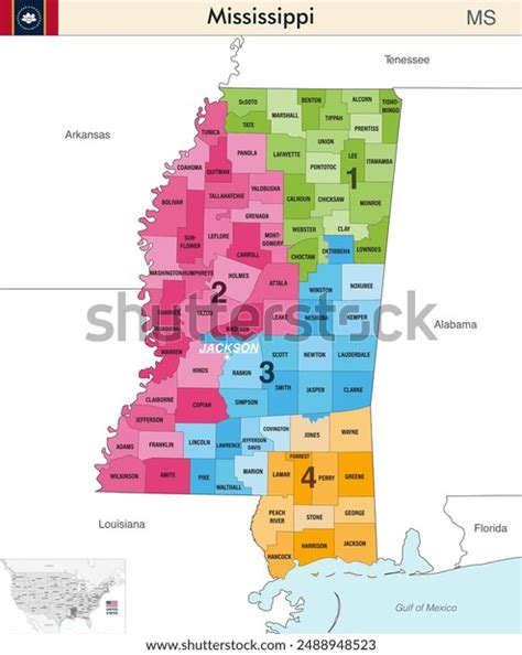 Mississippi State Map Counties Borders Colored Stock Vector Royalty