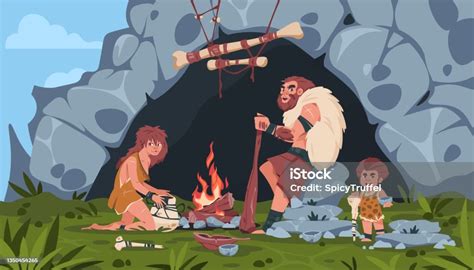 고대 인류 장면 선사 시대 석기 시대 가족과 만화 배경 나무 오두막과 동굴 바위 또는 뼈 도구와 무기 구석기 문명 사람 벡터 부모와 아이 네안데르탈 인에 대한 스톡 벡터