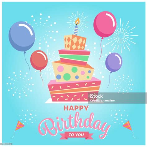 푸른 하늘 배경에 광장 케이크 풍선과 불꽃 과 불꽃 과 당신에게 생일 축하 생일에 대한 스톡 벡터 아트 및 기타 이미지 생일