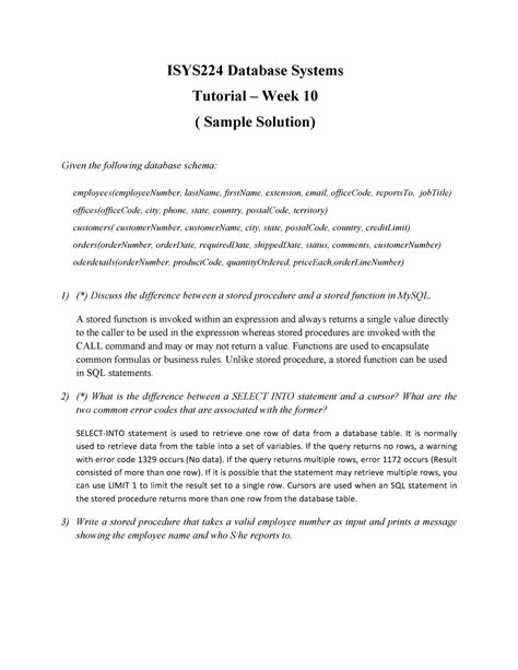 ISYS224 Week 10 Tutorial Solution ISYS224 Database Systems Tutorial