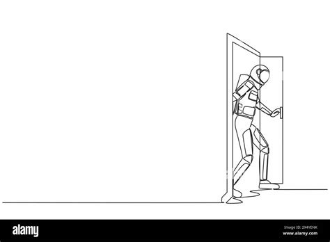 Continuous One Line Drawing Astronaut Walking Through An Open Door Frame In Moon Surface New