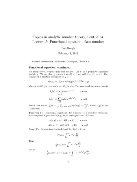 Topics In Analytic Number Theory Lent 2013 Lecture 5 Functional Equation Class Number Pdf