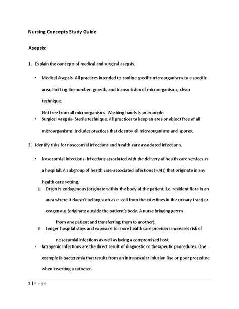 Nursing Concepts Study Guide P A G E Nursing Concepts Study Guide Asepsis Explain The