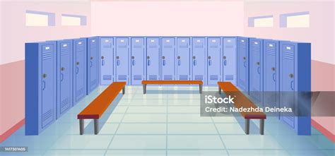 닫힌 사물함과 벤치가있는 실내 학교 방 스포츠 탈의실 빈 학교 또는 대학 복도 벡터 만화 일러스트레이션 0명에 대한 스톡 벡터 아트 및 기타 이미지 Istock