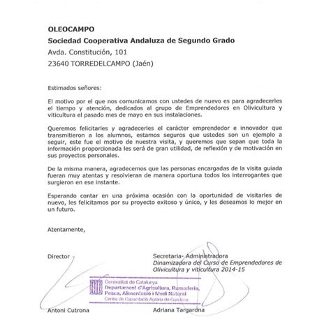 Carta de agradecimiento por la atención recibida en la visita