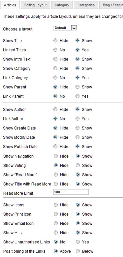 Help Content Article Manager Options Joomla Documentation
