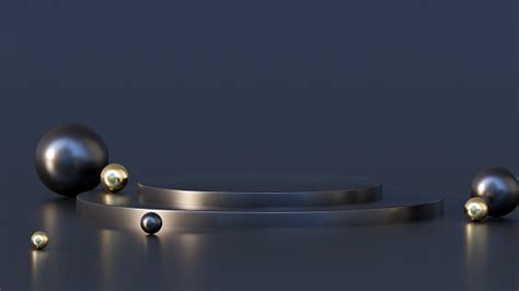 블랙 라운드 포디엄은 골드 컬러로 포인트를 주었고 추상적인 블랙과 골드 구체를 장식 요소로 사용했습니다 제품 프레젠테이션을 위한 미니멀한 배경 검은색에 대한 스톡 사진 및