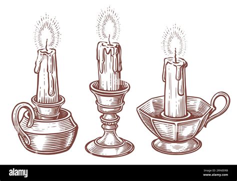 Candlestick With Burning Candle Hand Drawn Sketch Engraving Style