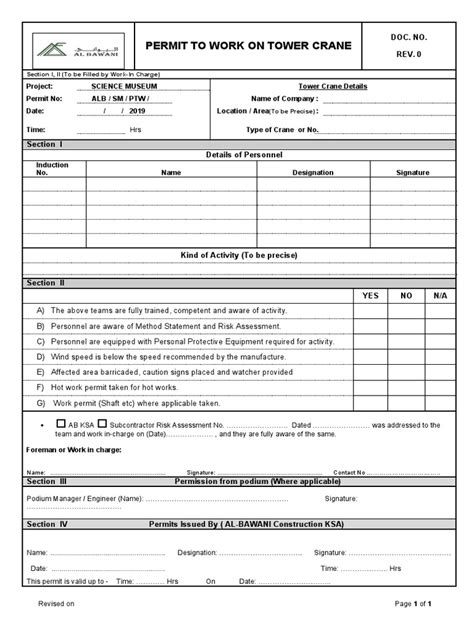 Permit To Work Tower Crane Download Free Pdf Business