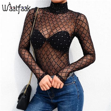 Waatfaak Sexy Black Plaid See Through Club Sequin Jumpsuit Women