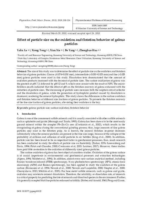 Pdf Effect Of Particle Size On The Oxidation And Flotation Behavior Of Galena Particles Tong