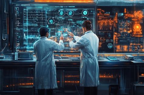 Two Scientists Analyzing Data On A Large Digital Screen Premium Ai Generated Image