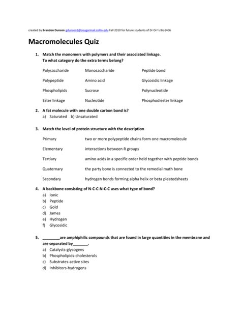Macromolecules Quiz Bio Review Questions