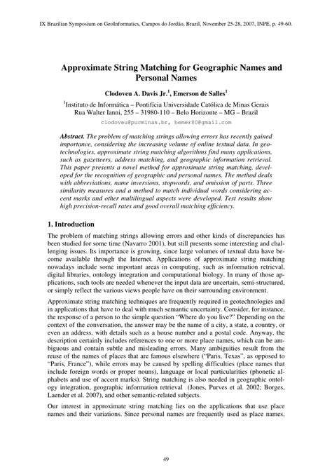 Pdf Approximate String Matching For Geographic Names And Personal Names