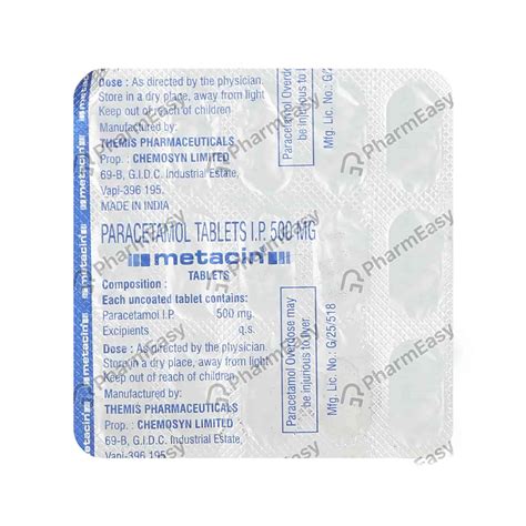 Metacin 500mg Tab 15s Uses Side Effects Dosage Composition