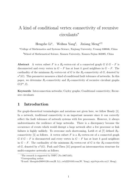 PDF A Kind Of Conditional Vertex Connectivity Of Recursive Circulants