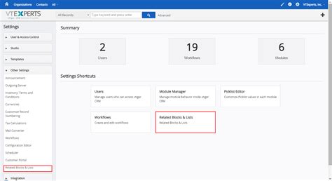 Related Blocks And Lists Extension For Vtiger