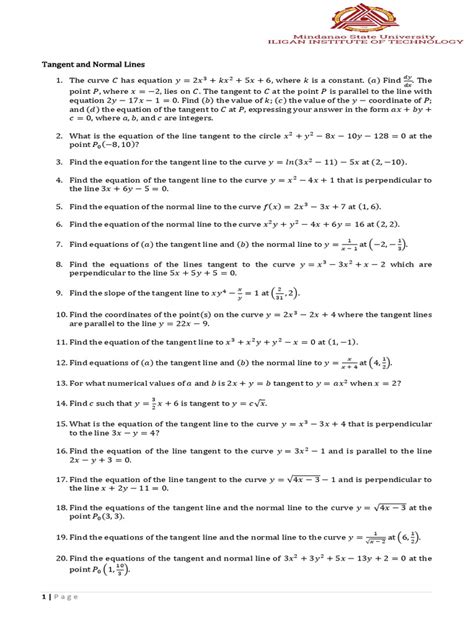 Tangent And Normal Lines Pdf Tangent Line Geometry