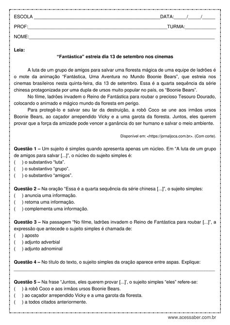 Atividades Sobre Sujeito E Predicado 7o Ano REVOEDUCA