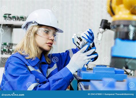 Female Automation Machine Engineer Student Study And Inspection Control Robot Arm Machine In