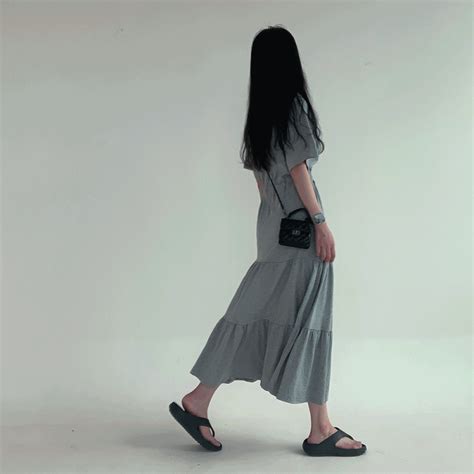 루즈핏체형보정 코디 귀찮을 때~ A라인 라운드 리본 스트링 스트랩 셔링 캉캉 롱 반팔 원피스미시룩