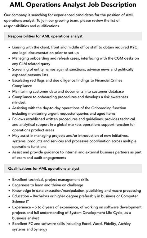 Aml Operations Analyst Job Description Velvet Jobs