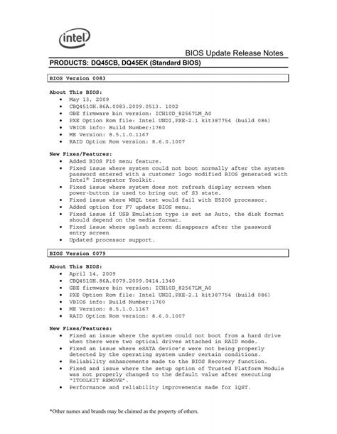 Bios Update Release Notes Intel