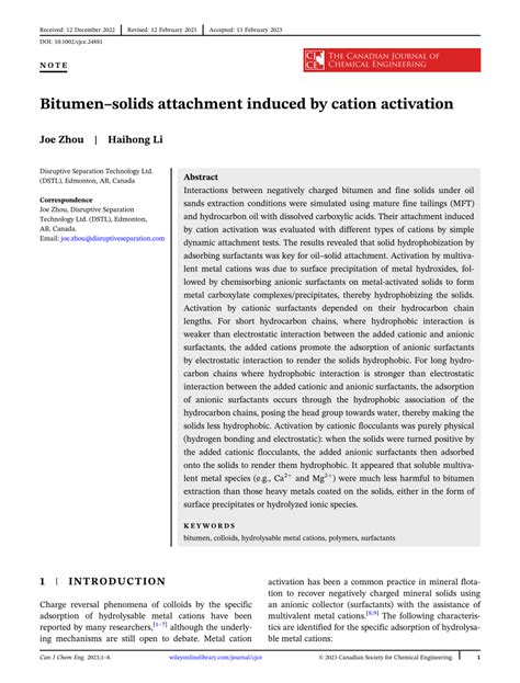 Pdf Bitumen Solids Attachment Induced By Cation Activation