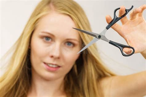 Woman With Scissors Ready To Hair Cutting Stock Image Image Of