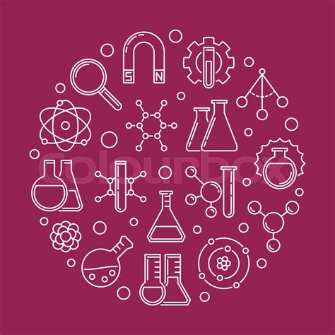 Chemical Physics Vector Round Illustration In Outline Style Stock