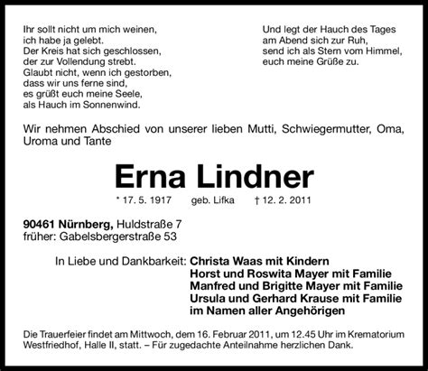 Traueranzeigen Von Erna Lindner Trauernnde