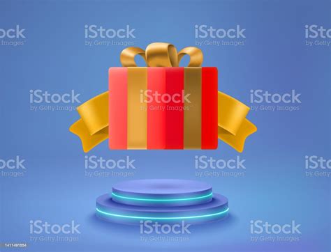 네온 연단에 골드 리본이있는 선물 상자 벡터 3d 일러스트 레이 션 3차원 형태에 대한 스톡 벡터 아트 및 기타 이미지 3차원 형태 선물 0명 Istock