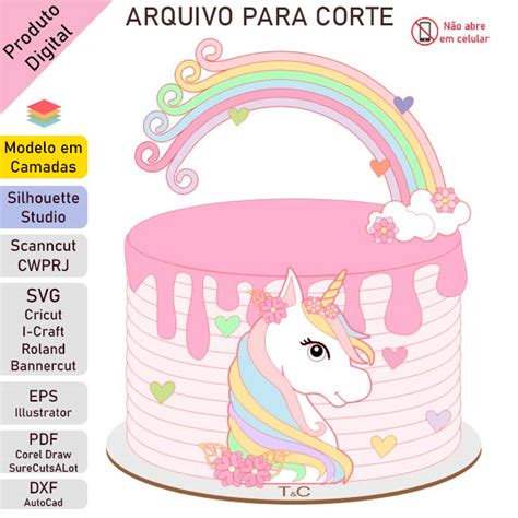 ARQUIVO Topo de bolo Unicórnio Arco Íris Topo e corte