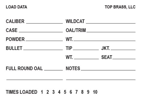 Data Log Cards Top Brass Reloading Supplies