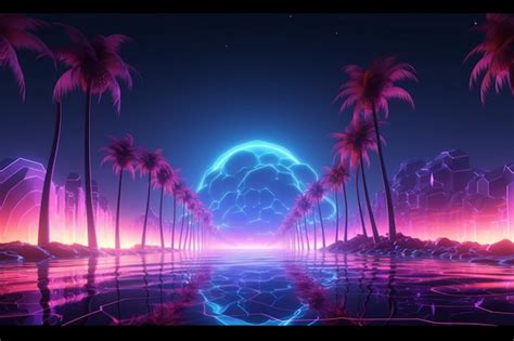 Synthwave Dreamscape 와이어프레임 네트 야자수 및 레트로웨이브 도로 3d 그림 프리미엄 사진