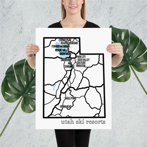 Utah Ski Resorts Map Travel Wall Art Decor Etsy