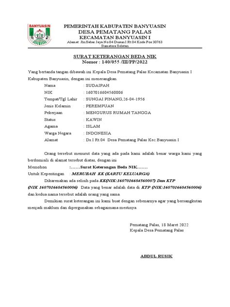 Surat Keterangan Beda Nik Pdf