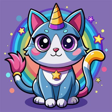 배경에 무지개가 있는 고양이의 만화 이미지 프리미엄 Ai 생성 벡터