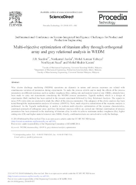 Pdf Multi Objective Optimization Of Titanium Alloy Through Orthogonal